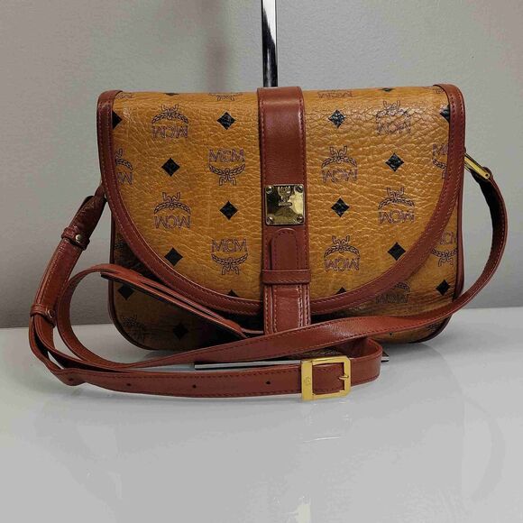 MCM | Bags | Vtg Mcm Visetos Crossbody Satchel Bag Brown Leather Logo ...